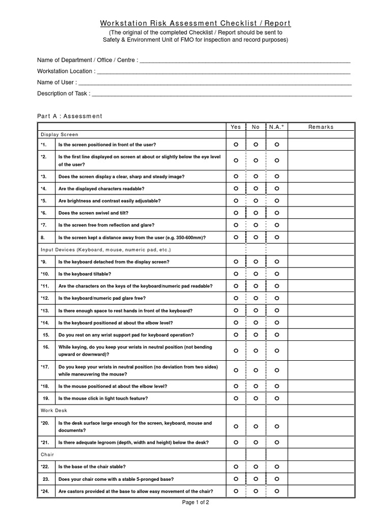 Workstation Risk Assessment Checklist / Report: + Display Screen ...