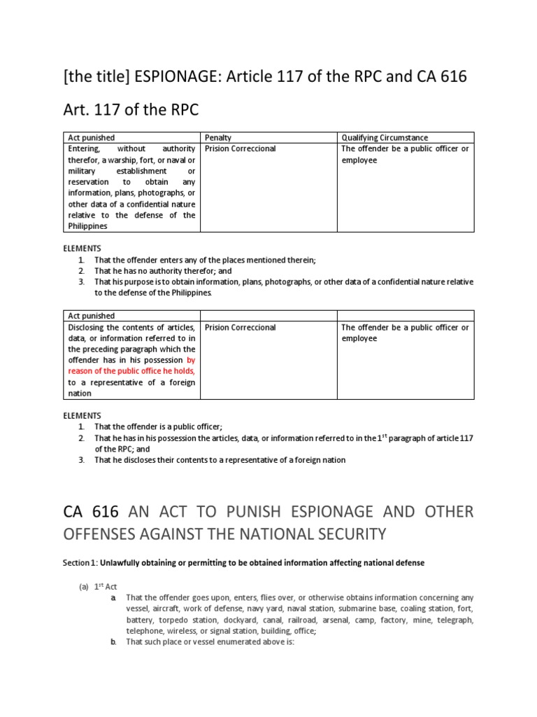 (The Title) ESPIONAGE: Article 117 of The RPC and CA 616 Art. 117 of ...