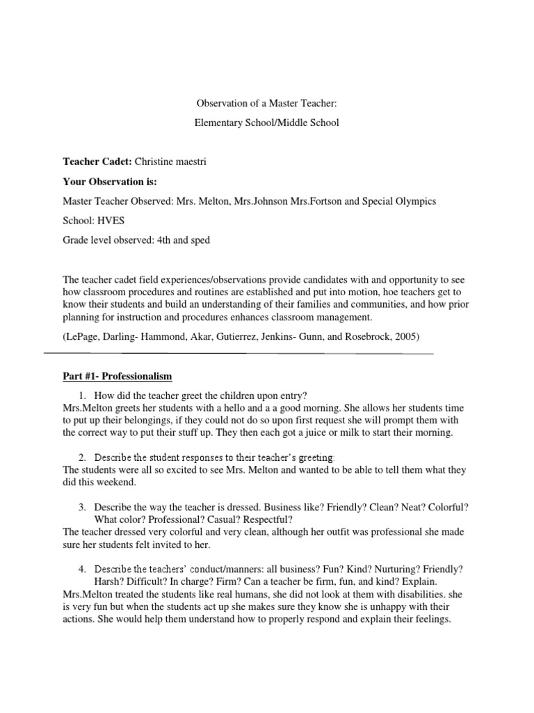 Teacher Cadet: Christine Maestri Your Observation Is | PDF | Classroom ...