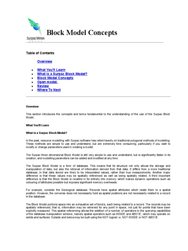Surpac Block Model Concepts | PDF | Databases | Space