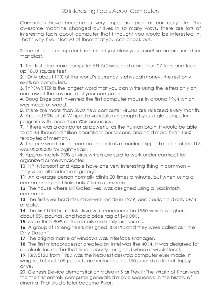 20 Interesting Facts About Computers | PDF | Disk Storage | Hard Disk Drive