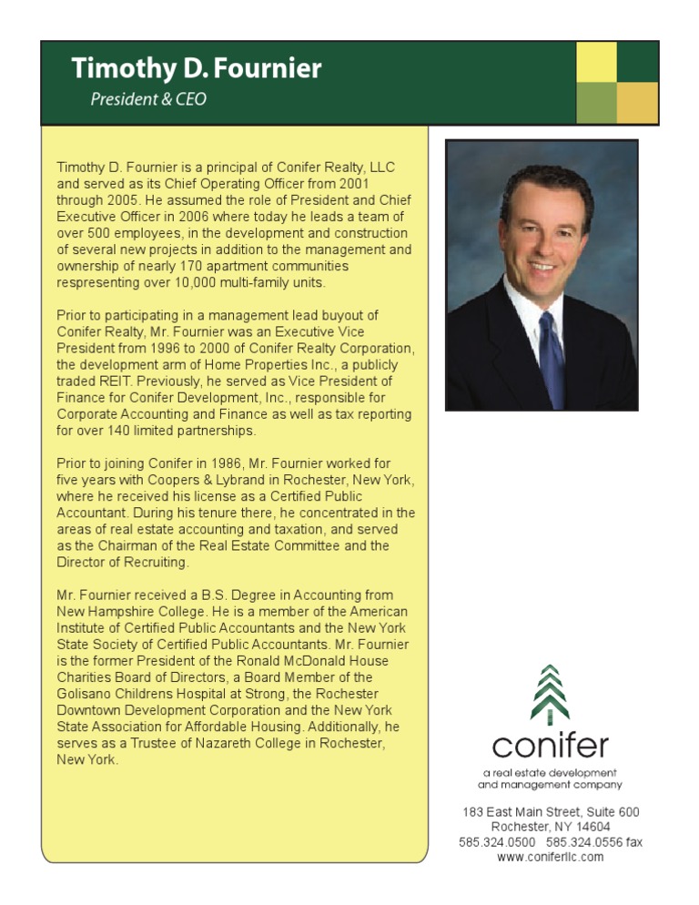 Timothy Fournier: Conifer Realty CEO Bio | PDF | Business | Law
