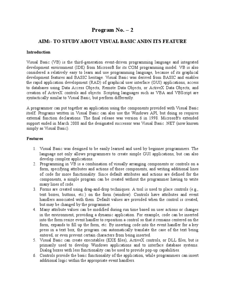 Program No. - 2: Aim:-To Study About Visual Basic Andn Its Feature ...