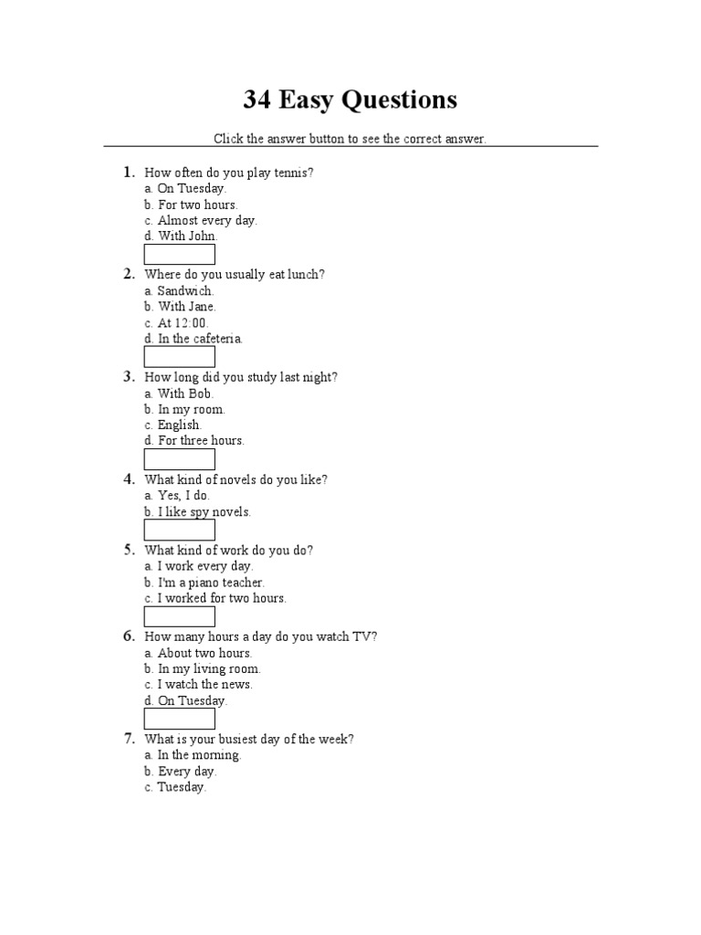 34 Easy Questions Pdf Leisure