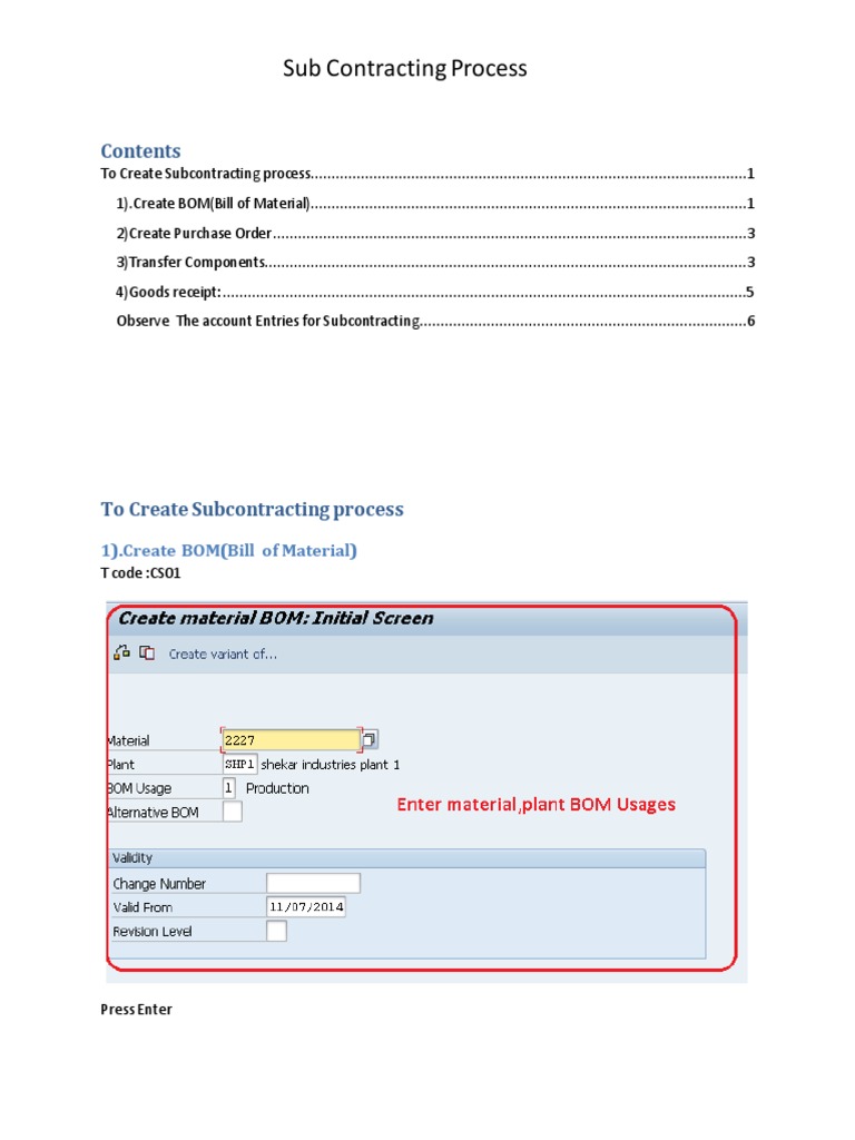 Sub Contracting Process: 1) .Create BOM (Bill of Material) | PDF ...