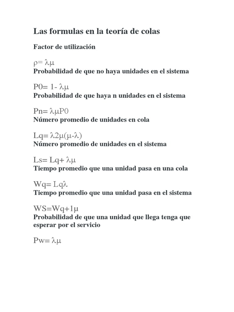 Las Formulas en La Teoría de Colas | PDF | Enseñanza de matemática ...