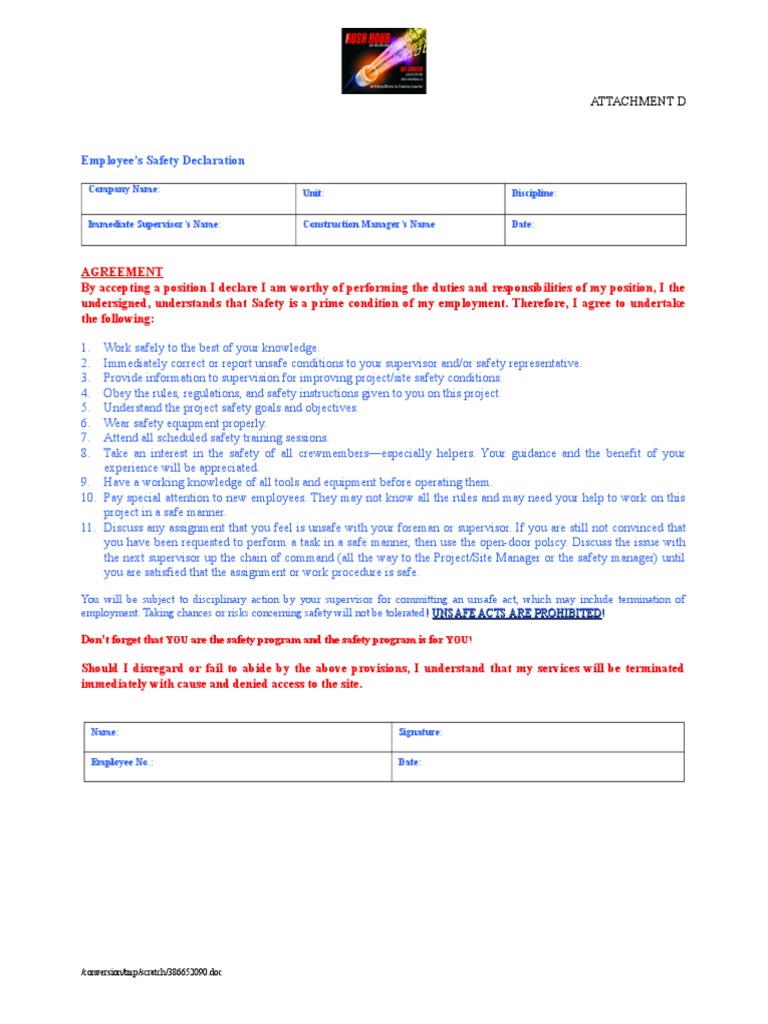Employee Safety Declaration | PDF | Supervisor | Safety