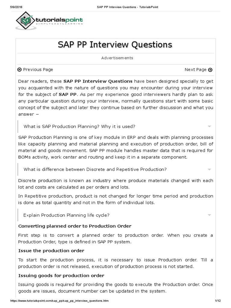 Sap Pp Interview Questions Tutorialspoint Pdf Supply Chain Management Production And