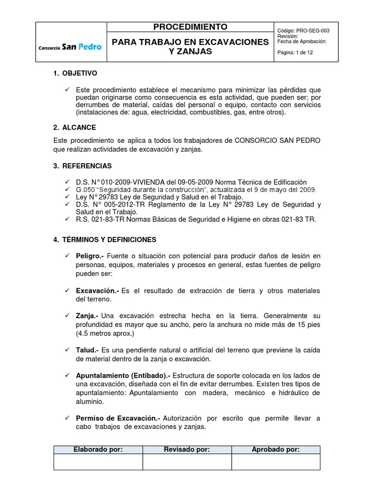Procedimiento Trabajo de Excavaciones y Zanjas | PDF | Excavación ...