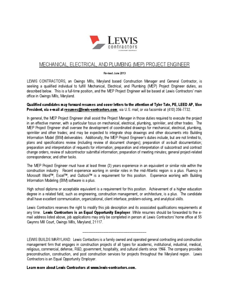 MEP Project Engineer Job Opening | PDF | General Contractor | Engineering