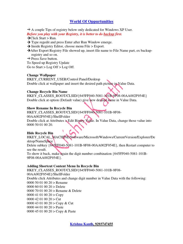 A Couple Tips of Registry Below Only Dedicated For Windows XP User ...