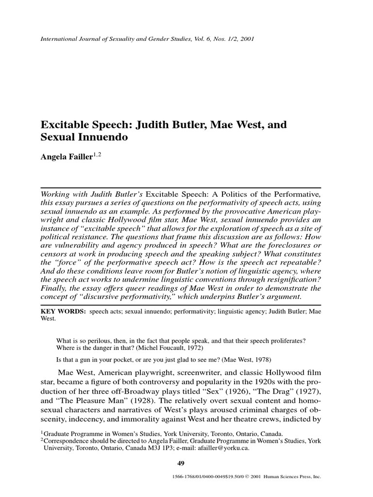 Angela Failler - Excitable Speech. Judith Butler, Mae West, and Sexual ...