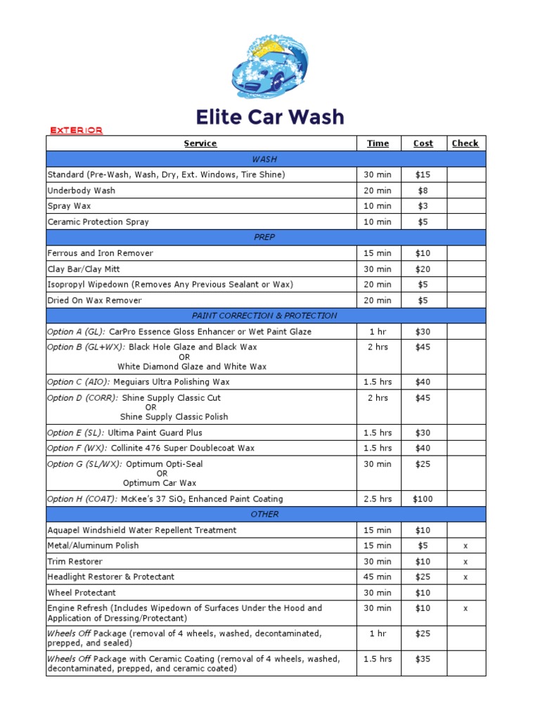 Elite Car Wash Price List 2018 PDF | PDF | Automobiles | Transport