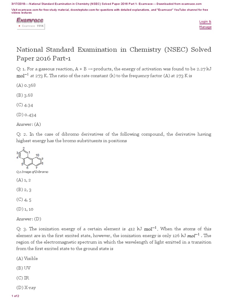 NSEC 2016 Solved Paper Part 1 | PDF | Chemical Reactions | Light
