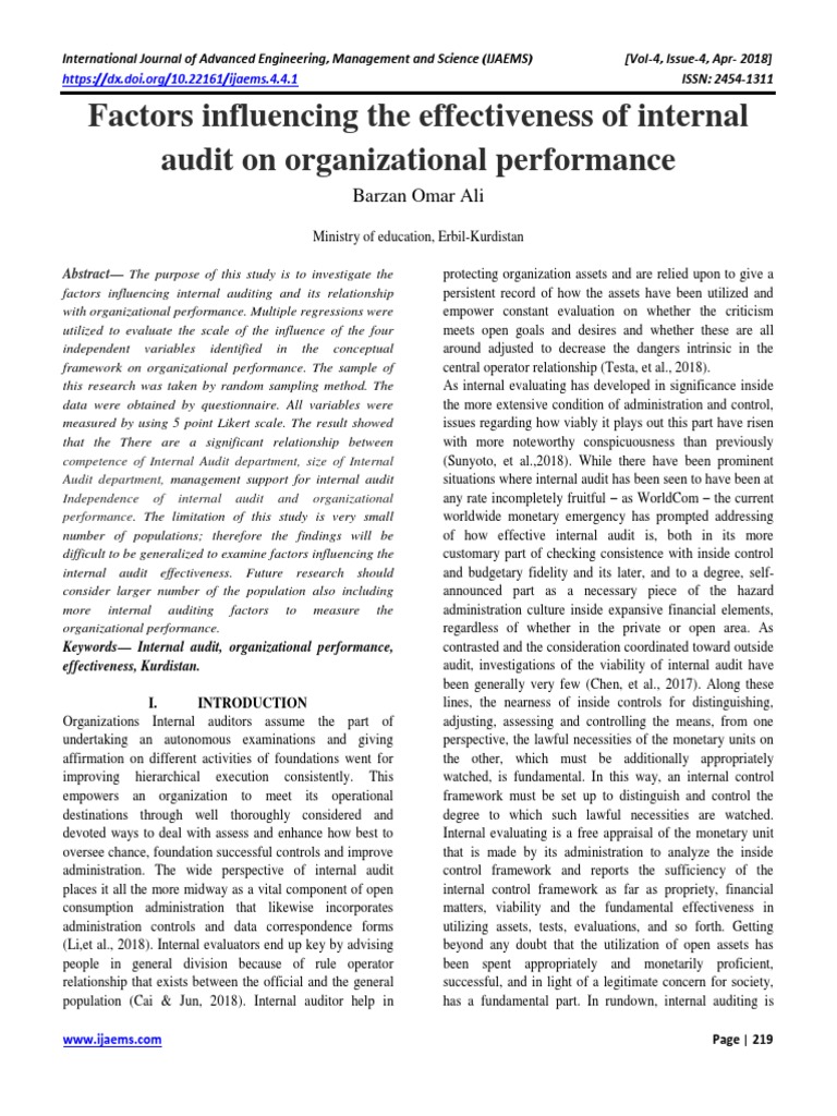 Factors Influencing The Effectiveness of Internal Audit On ...