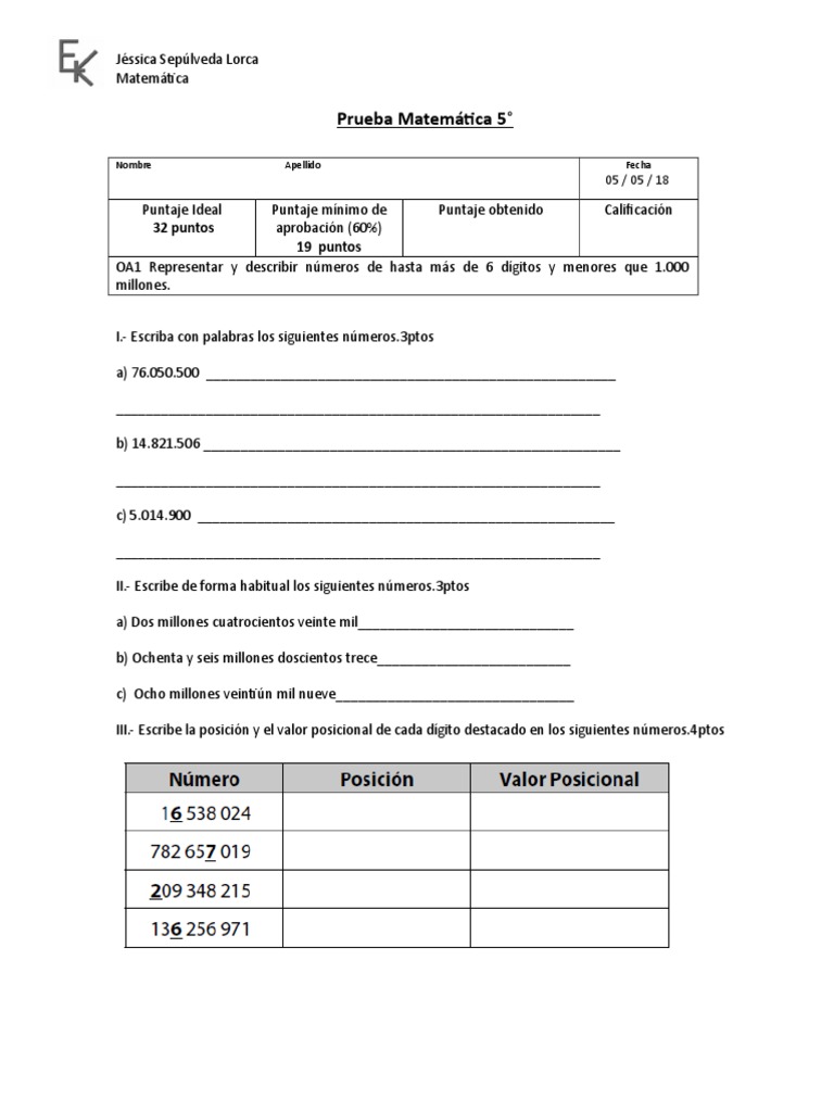 Prueba Matemática 5° Valor Posicional | PDF | Notación Matemática ...