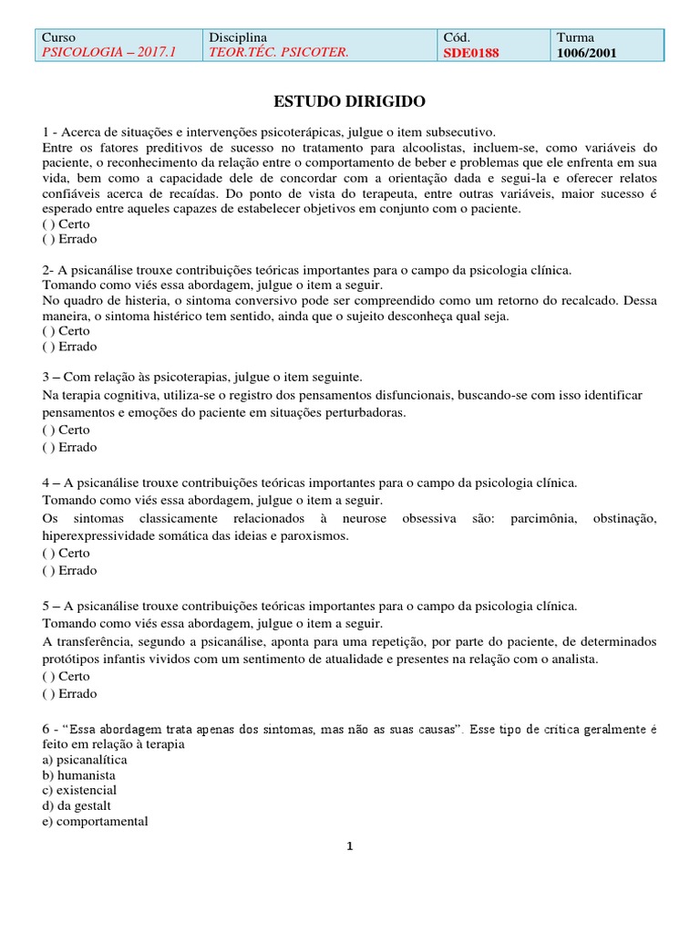 Estudo Dirigido AV2 | Psicoterapia | Psicanálise | Avaliação gratuita ...