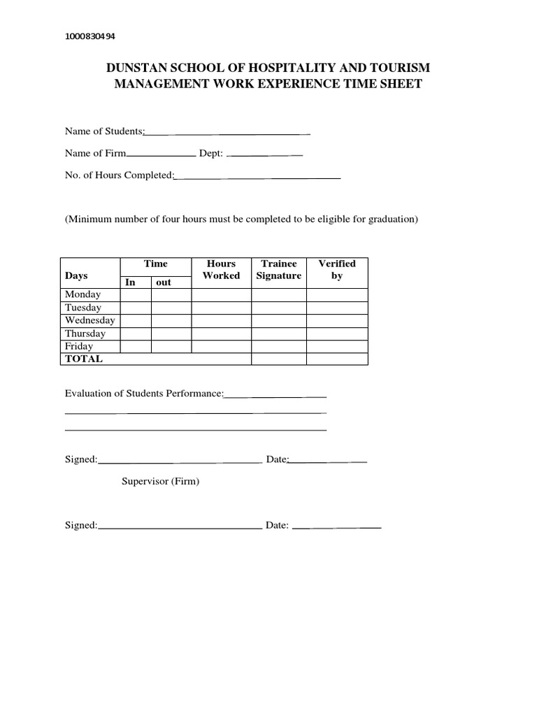Dunstan School of Hospitality and Tourism Management Work Experience ...