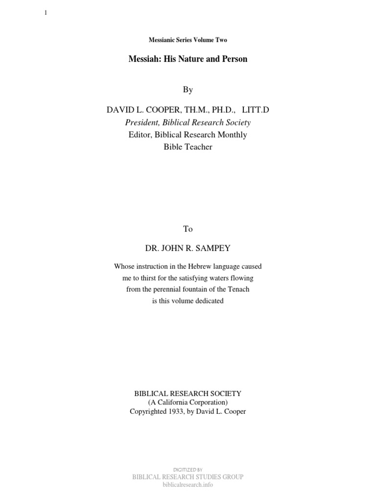 Messiah His Nature and Person Cooper | PDF | Messiah | Orthodox Judaism