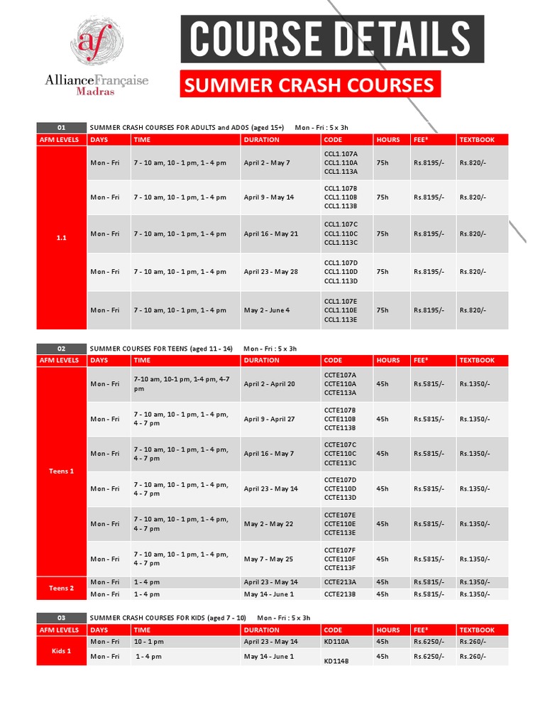 Summer Crash Courses Course: 01 Afm Levels Days Time Duration Code ...