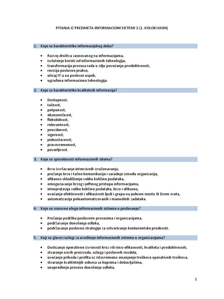 IS2 - Pitanja I Odgovori-Prvi Kolokvijum | PDF
