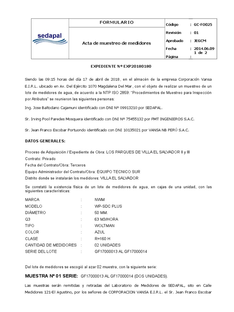 Formato de Acta de Muestreo Exp Exp20180180 FMT Ingenieros S A C 02 Medidores WP-SDC Plus de 50 ...
