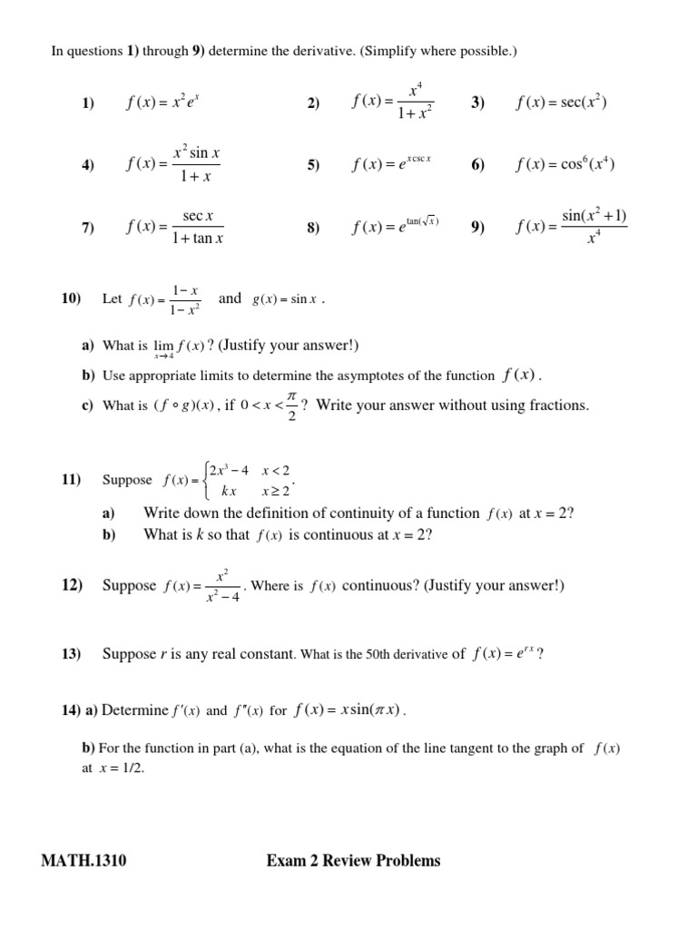 Calculus Exam 2 Derivatives Review | PDF | Derivative | Algebra