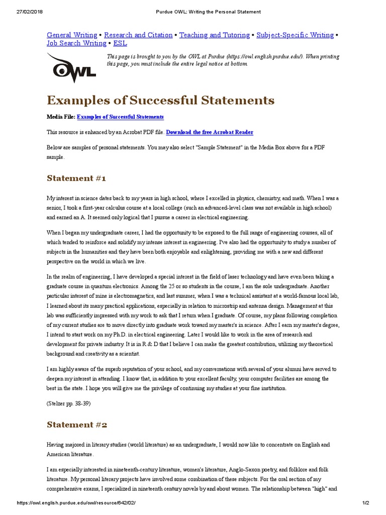 Purdue OWL - Writing The Personal Statement | PDF | Folklore | English ...