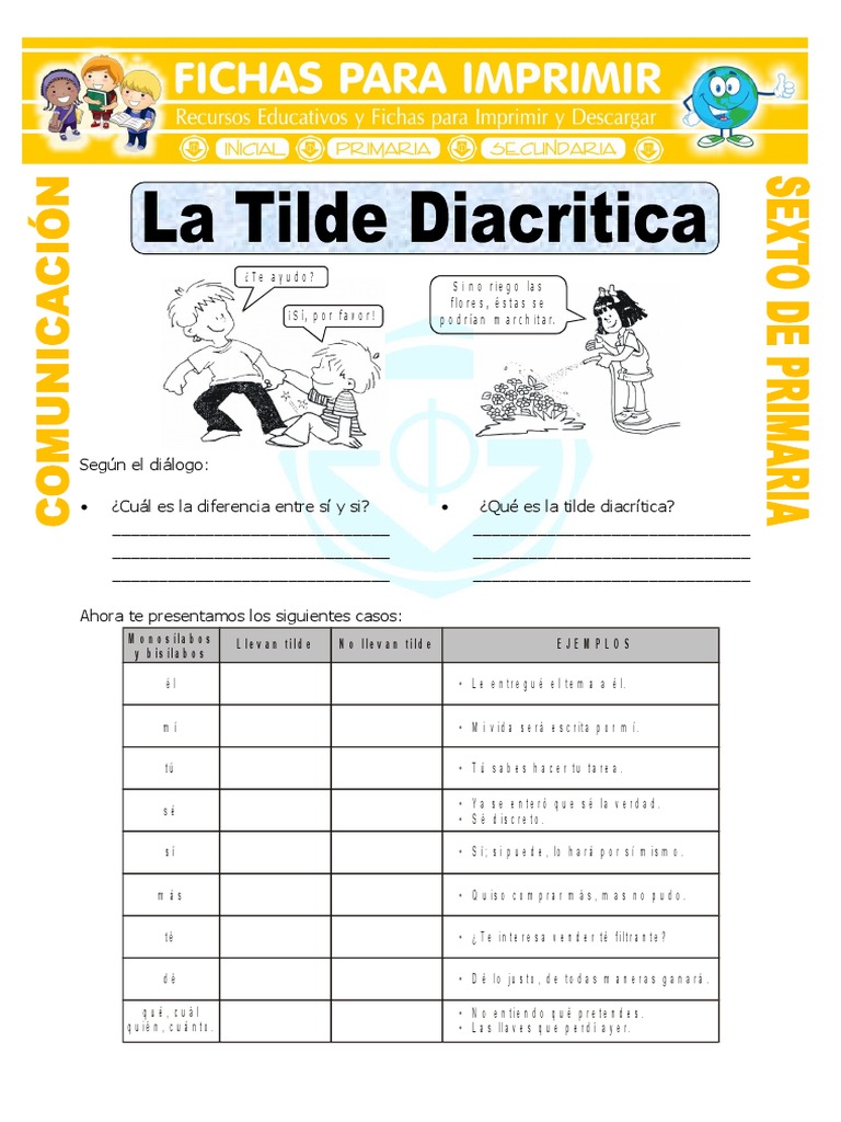 Ficha La Tilde Diacritica para Sexto de Primaria | Sintaxis ...