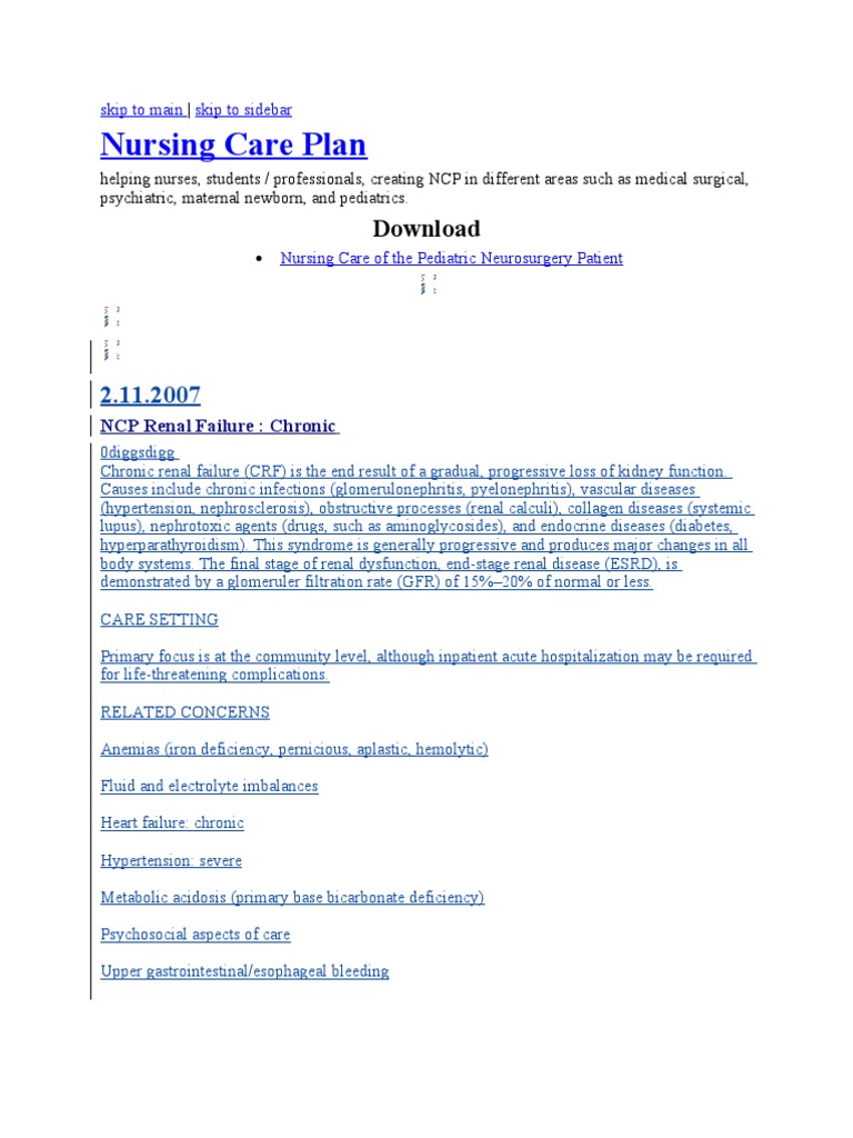 Nursing Care Plan Renal Failure | PDF | Kidney | Chronic Kidney Disease