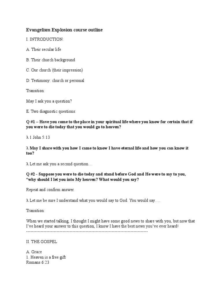 Evangelism Explosion Course Outline | PDF | Eternal Life (Christianity ...