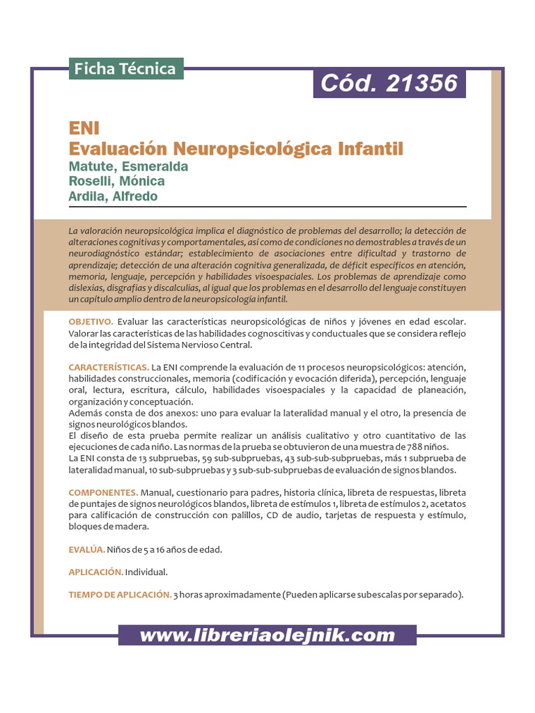 ENI Evaluación Neuropsicológica Infantil: Ficha Técnica | PDF