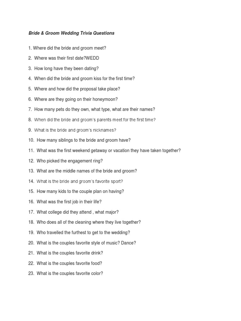 Bride & Groom Wedding Trivia Questions | PDF | Language Arts ...