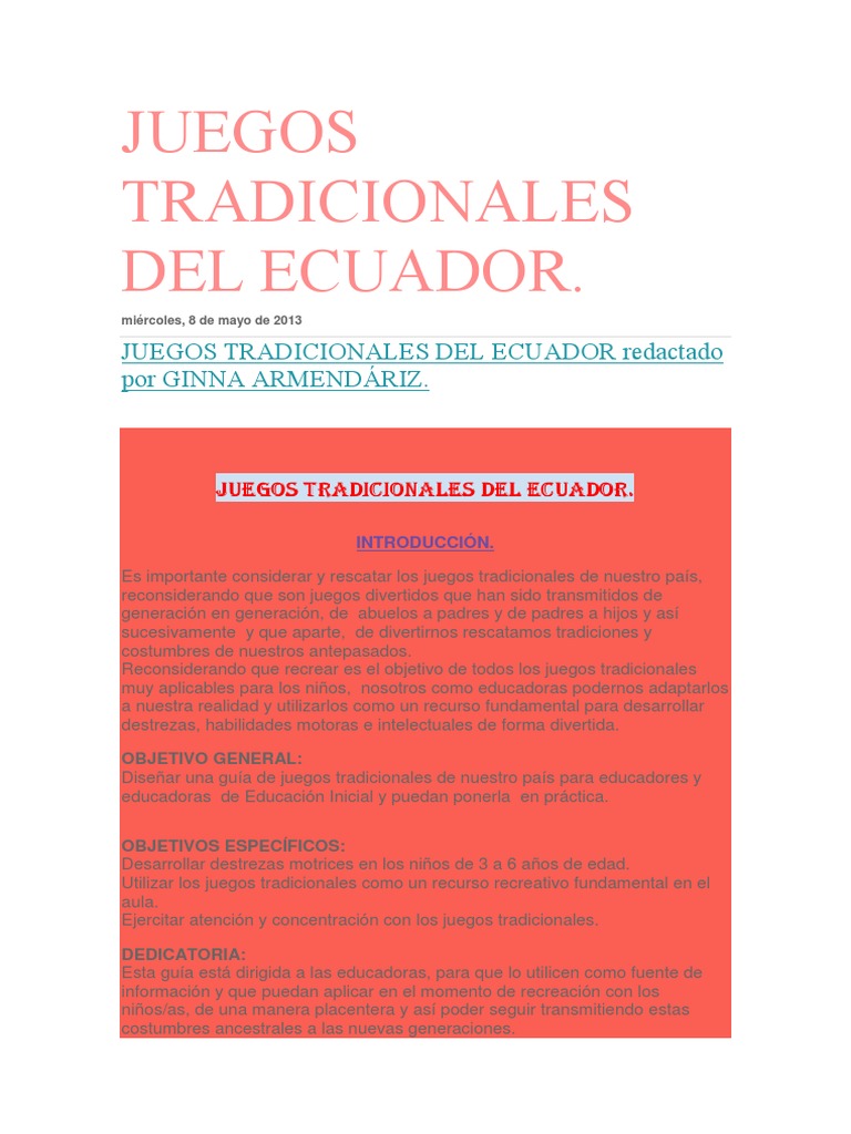 Juegos Tradicionales Del Ecuador | Descargar gratis PDF | Panes | Ocio