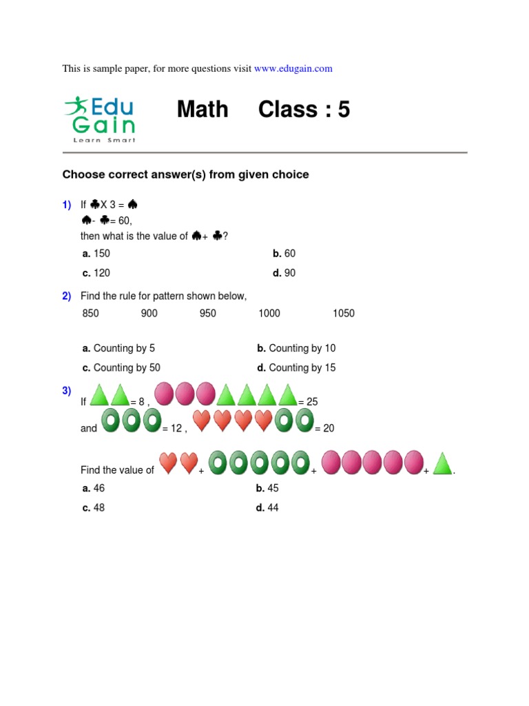 Math Olympiad Class 5 Sample Paper | PDF | Teaching Mathematics