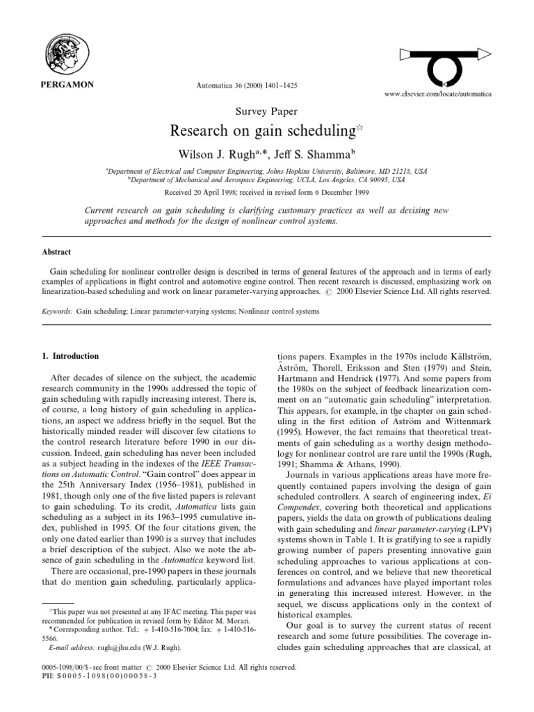 Research On Gain Scheduling: Wilson J. Rugh, Je ! S. Shamma | PDF ...