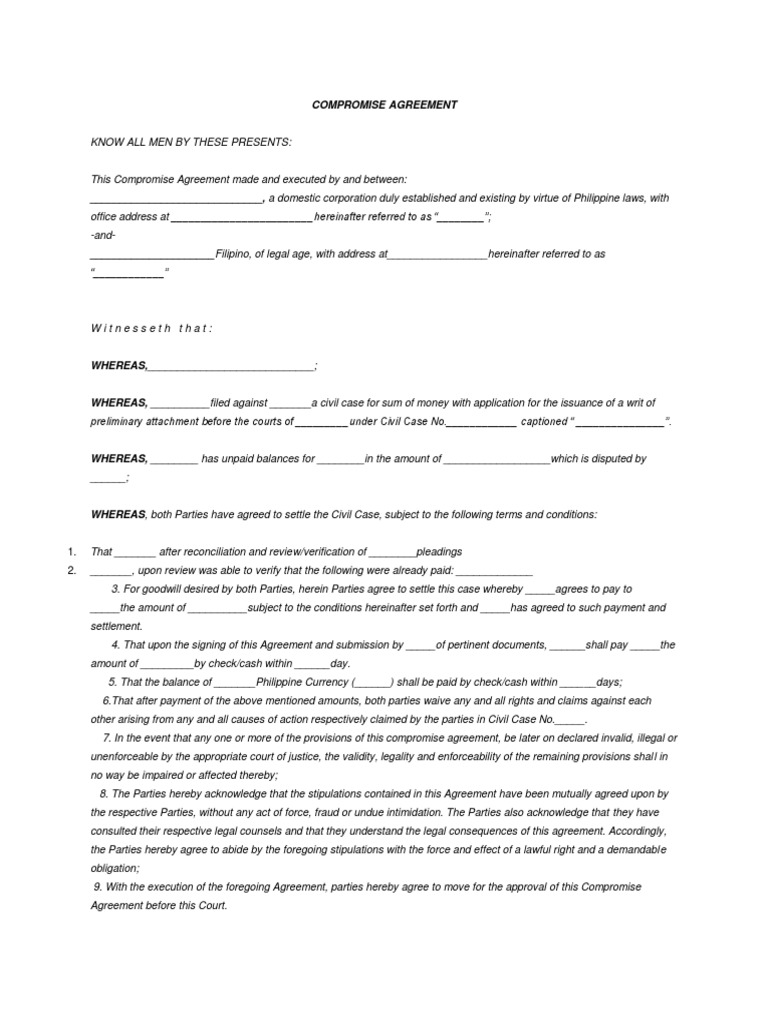 Sample Compromise Agreement | PDF | Lawsuit | Cheque