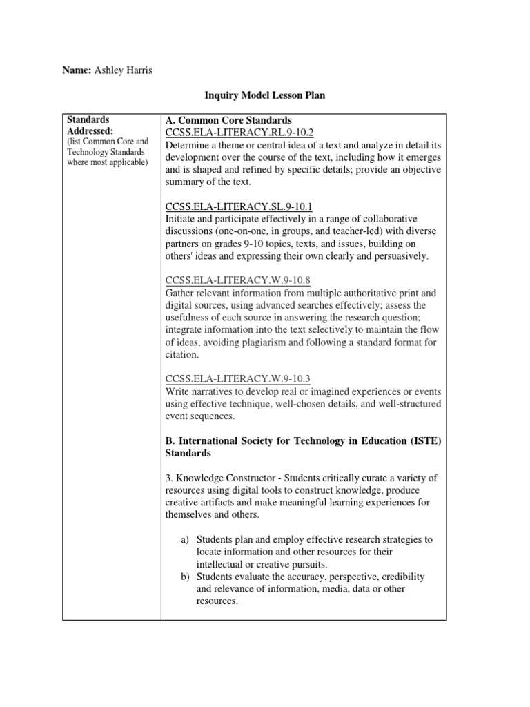 Name: Ashley Harris Inquiry Model Lesson Plan A. Common Core Standards ...