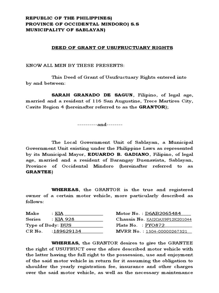 Deed of Usufruct for Lgu | Deed | Covenant (Law)