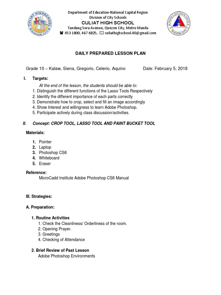 Crop Tool and Lasso Tool Lesson Plan | PDF | Adobe Photoshop | Lesson Plan