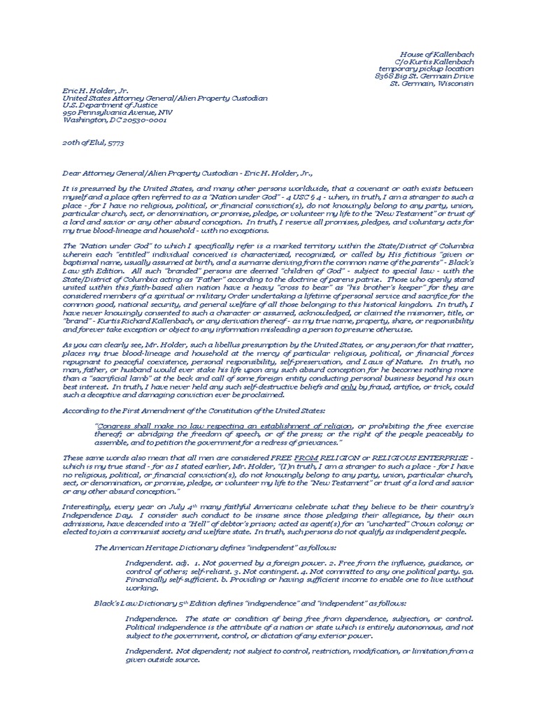 Sec of State Letter Property Custodian | PDF | Consent | Christian Church