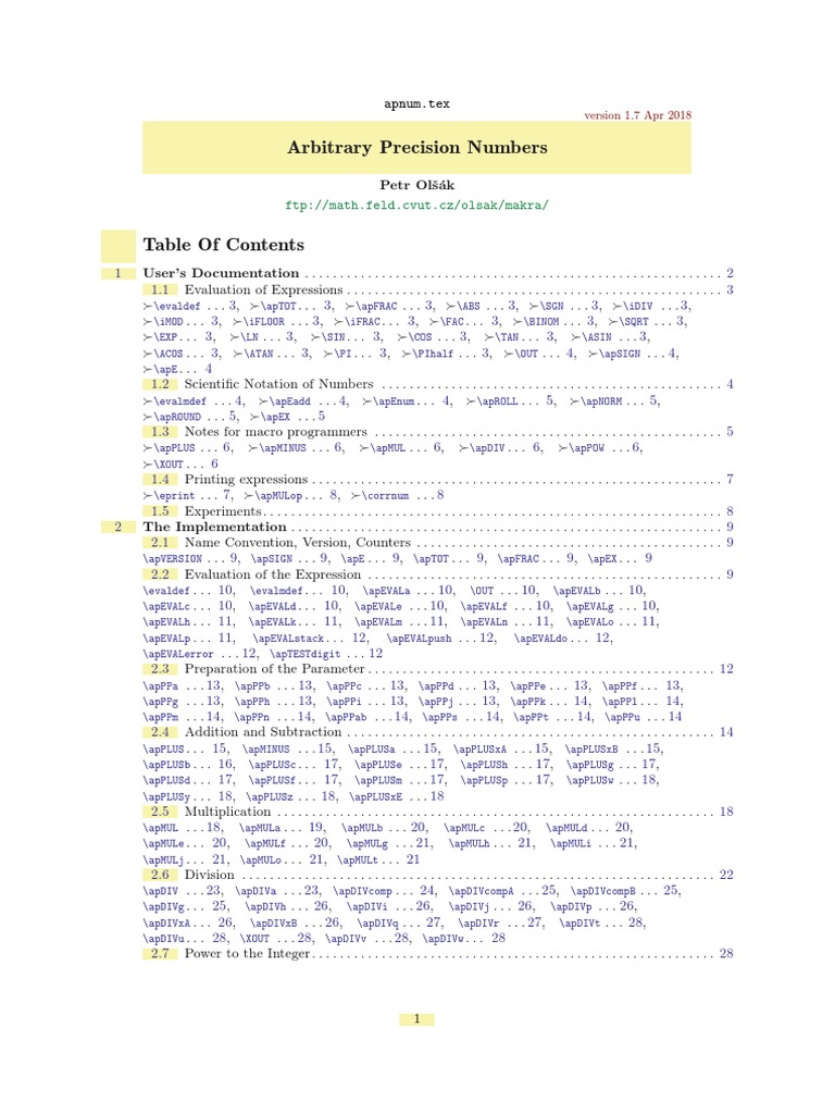 Arbitrary Precision Numbers: Ftp://math - Feld.cvut - Cz/olsak/makra ...