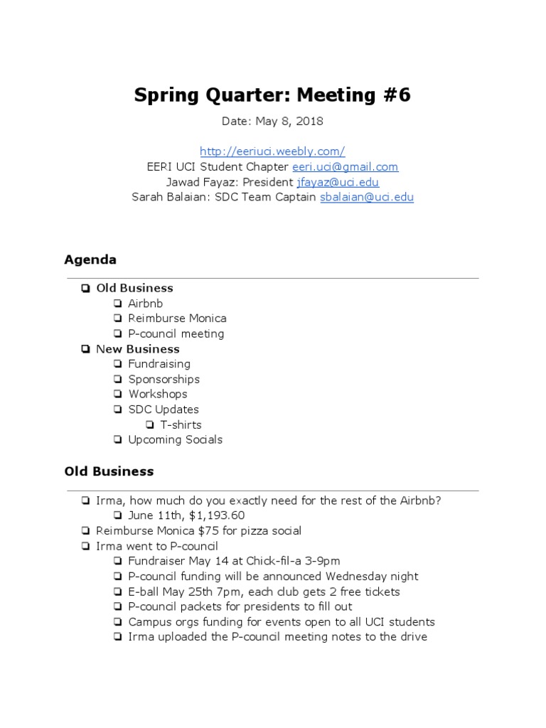 Spring Quarter: Meeting #6: Agenda | PDF | Business
