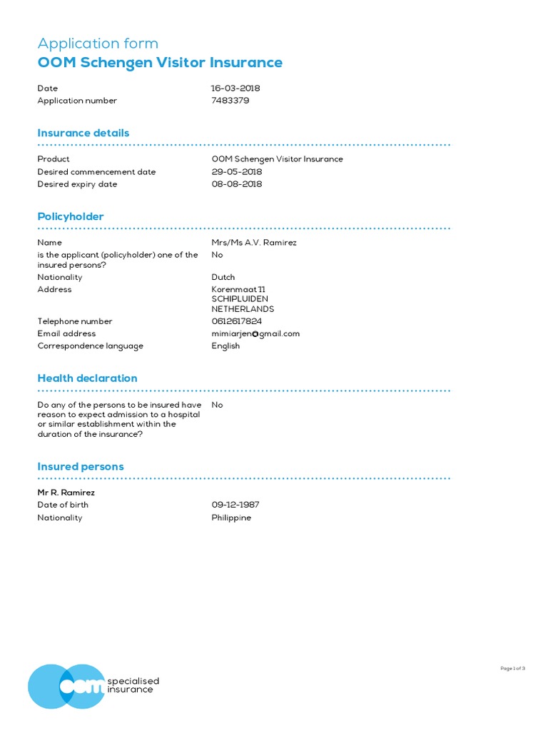 OOM Schengen Visitor Insurance: Application Form | PDF | Insurance ...