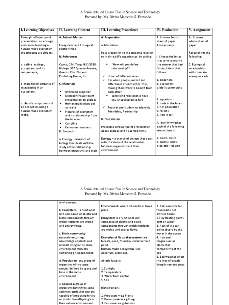 Lesson Plan in Ecosystem | PDF | Ecosystem | Natural Environment