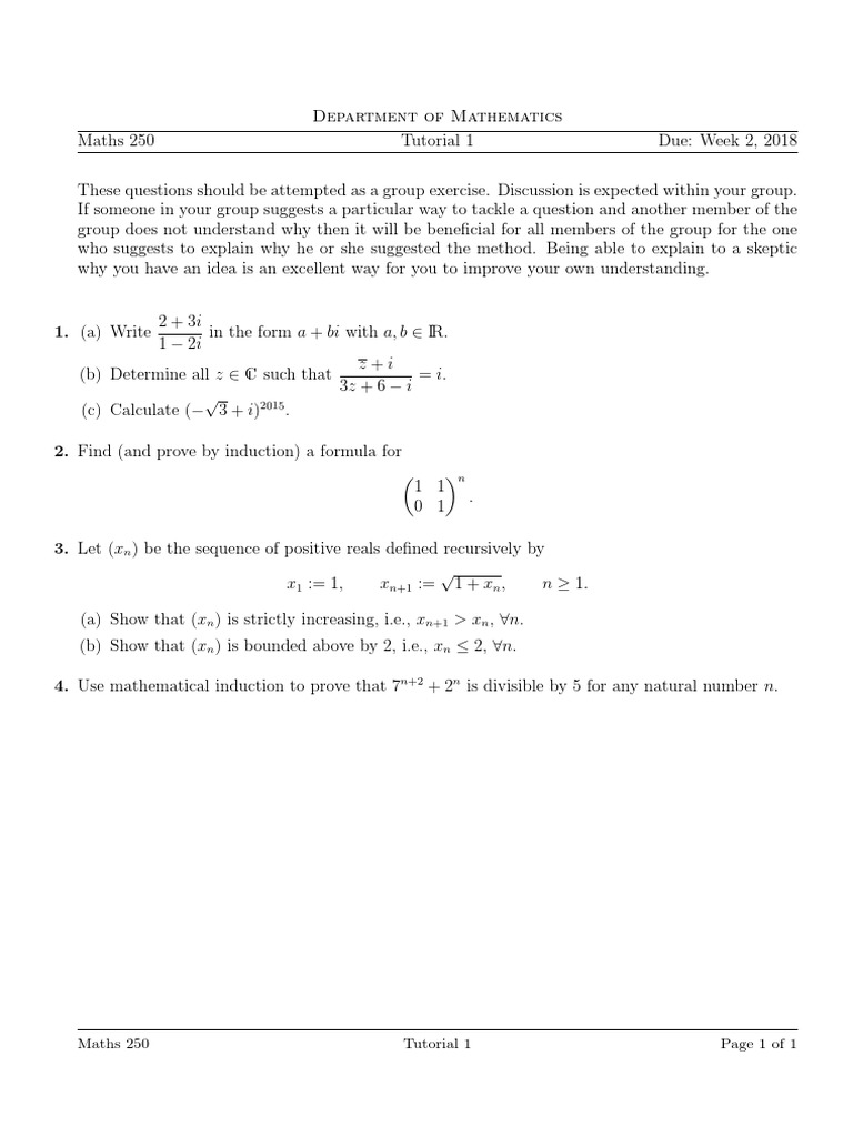 Maths 250 Tutorial 1 Page 1 of 1 | PDF