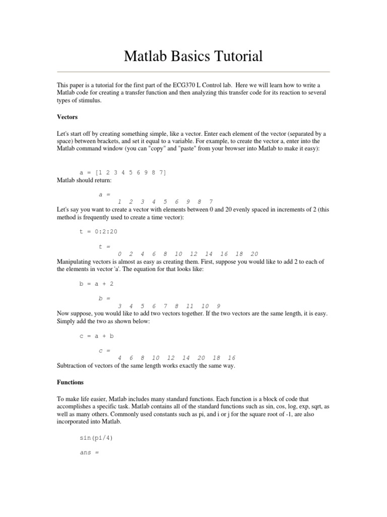 Matlab Tutorial | PDF | Discrete Time And Continuous Time | Matrix (Mathematics)
