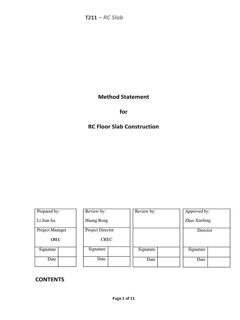 Method Statement for RC Slab Construction | PDF | Concrete | Pipe ...