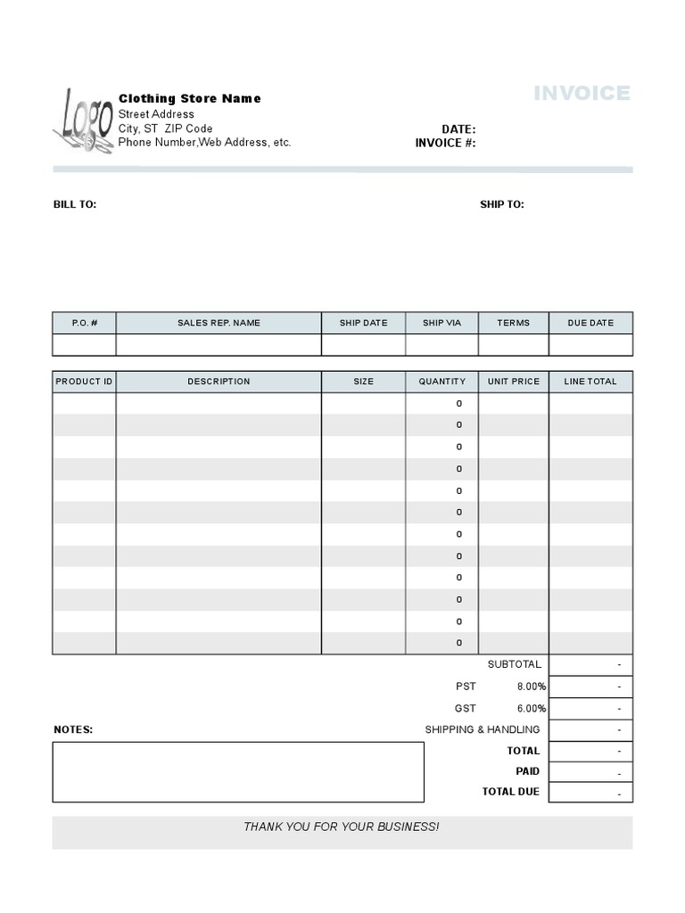 Clothing Store Invoice Template | PDF