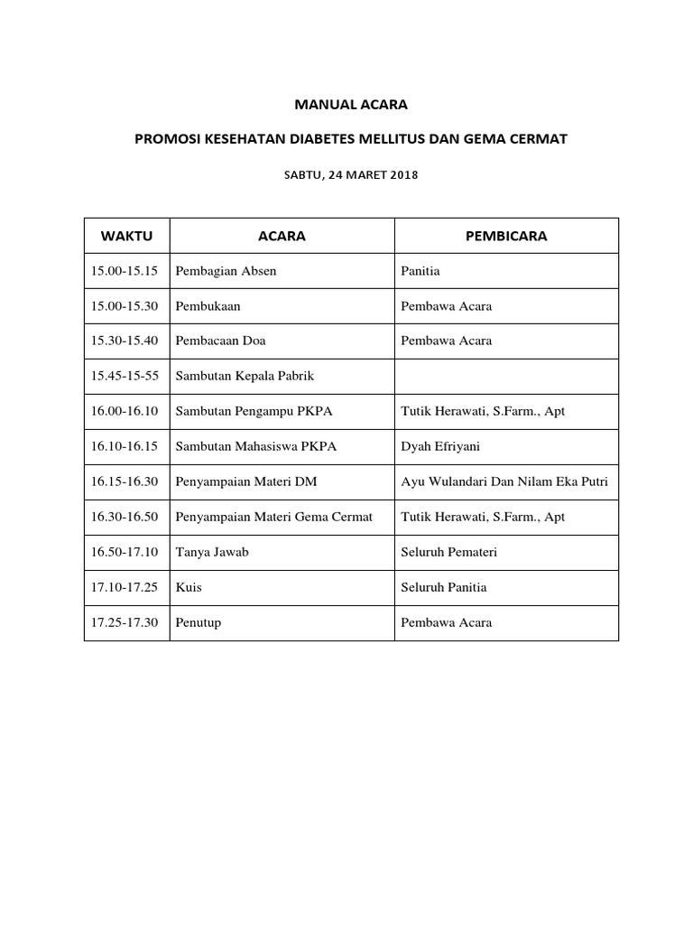Manual Acara Promosi Kesehatan Diabetes Mellitus Dan Gema Cermat | PDF ...